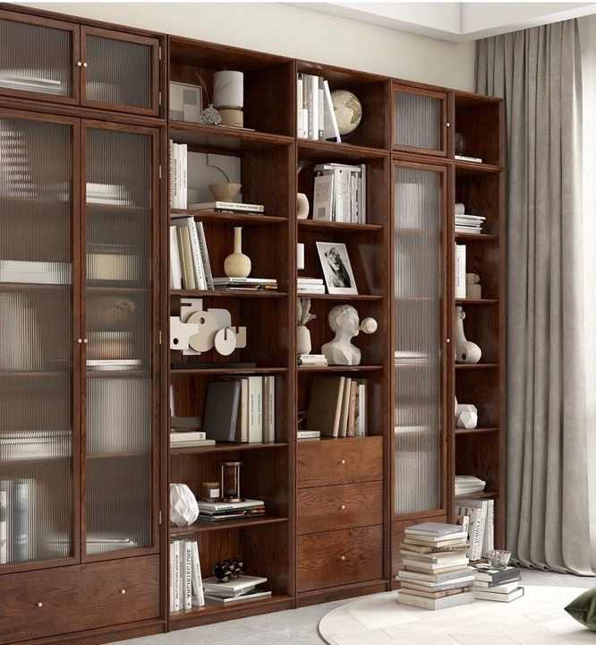 Nordic Study Solid Wood Combination Wax Oil Bookcase with Glass Door ...
