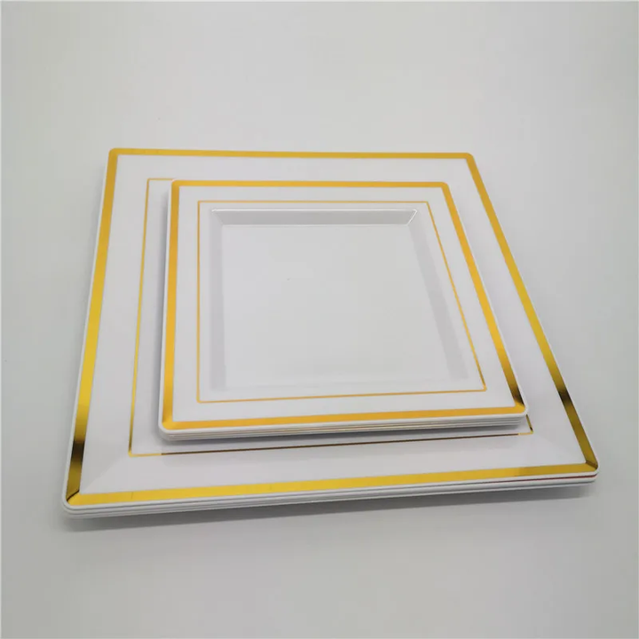 Hot-selling 10inch Square Plastic Dinnerware Set Rose Gold Rim Plate ...