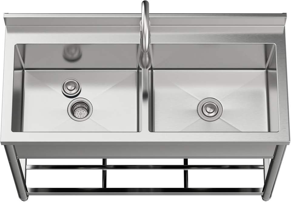 2-Compartment Commercial Sink, Stainless Steel Utility Sink with Pull ...