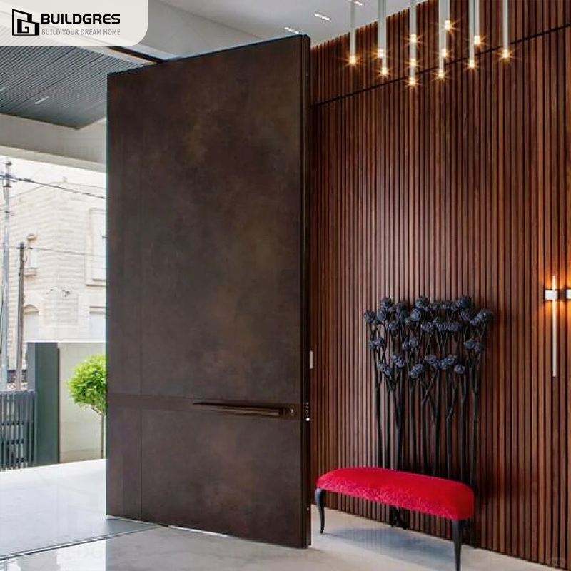 Buildgres Stylish Aluminum Pivot Door Incorporating Large Glass Panels ...