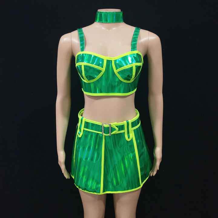 Club Party Carnival Rave Outfit - Pink Laser Tops Skirt