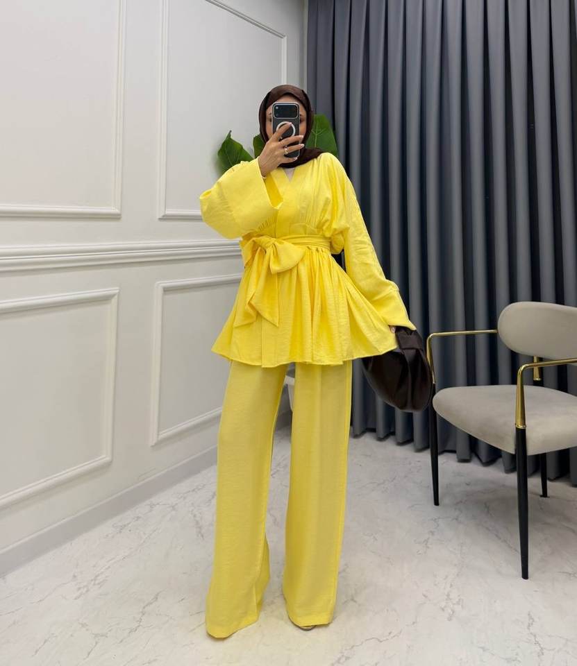 Loriya Custom Elegant Polyester Waist Tie Ruffle Hem Top Wide Leg Pants ...
