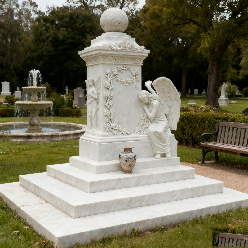 Bianco Carrara Marble Tombstones and Monuments with Angel & Heart Shape ...