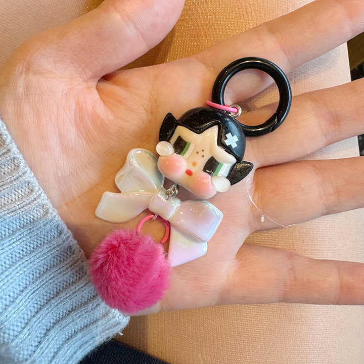 Cute Cartoon Doll Beaded Couple Keychain DIY Acrylic Keychain Bow Hair ...