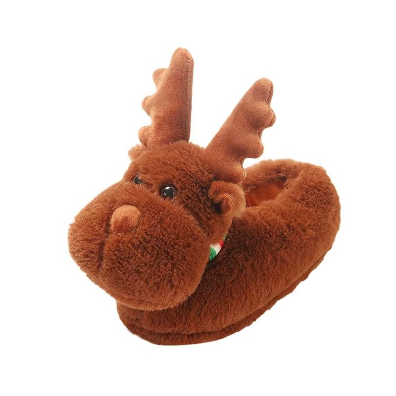 Festive Brown Reindeer Cartoon Plush Slippers Warm Fuzzy Indoor Shoes ...