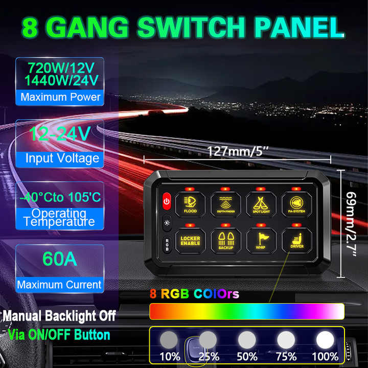 Auto Dimmable 8 Gang Switch Panel Universal RGB Toggle Momentary Pulsed ...