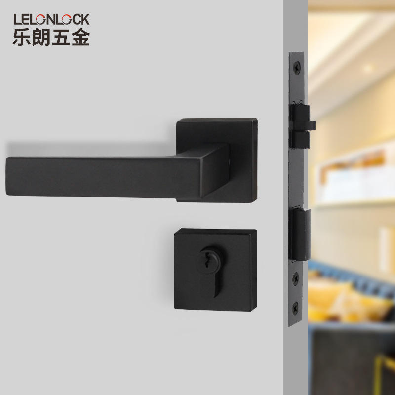 Matte Black Cylinder Latch Plate Square Lever Handle Set Interior Lock ...