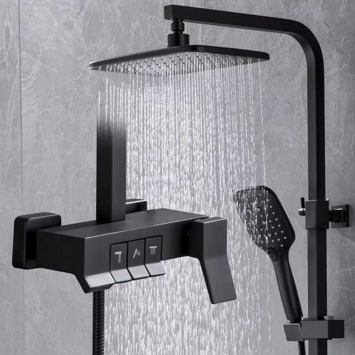 Modern Matt Black Wall Mounted Brass Piano Key Shower Set