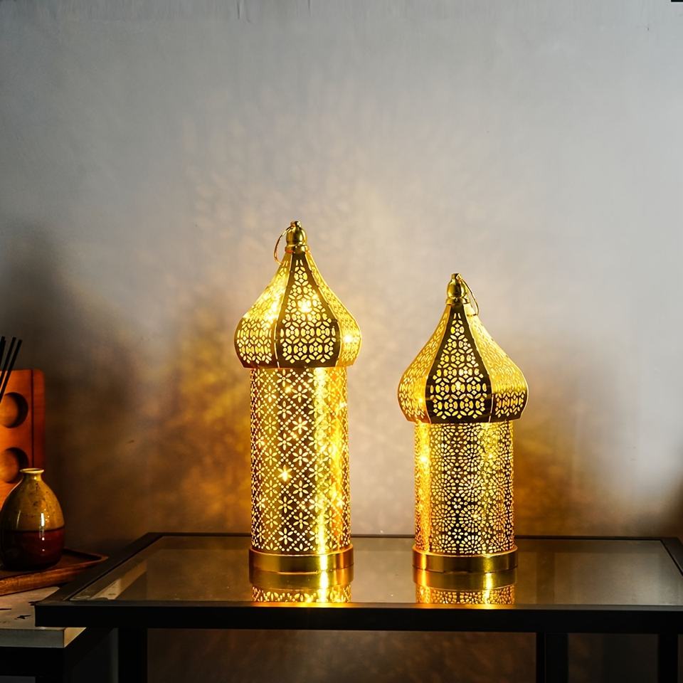 Islamic Gold Metal LED Lantern - Middle Eastern Geometric Cutout Decor ...