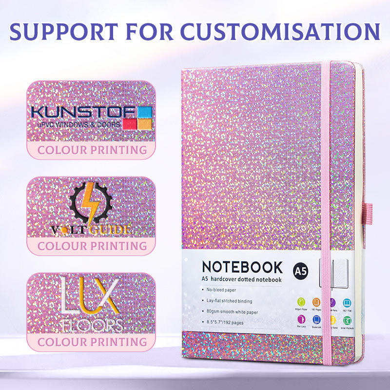 Hardcover Notebook with Strap Custom Printing Glitter PU Leather ...