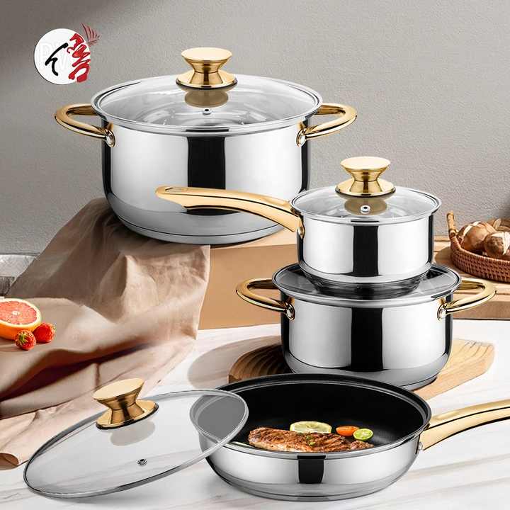 Hot Selling Gold 8pcs Stainless Steel Kitchen Cooking Pots and Pans ...