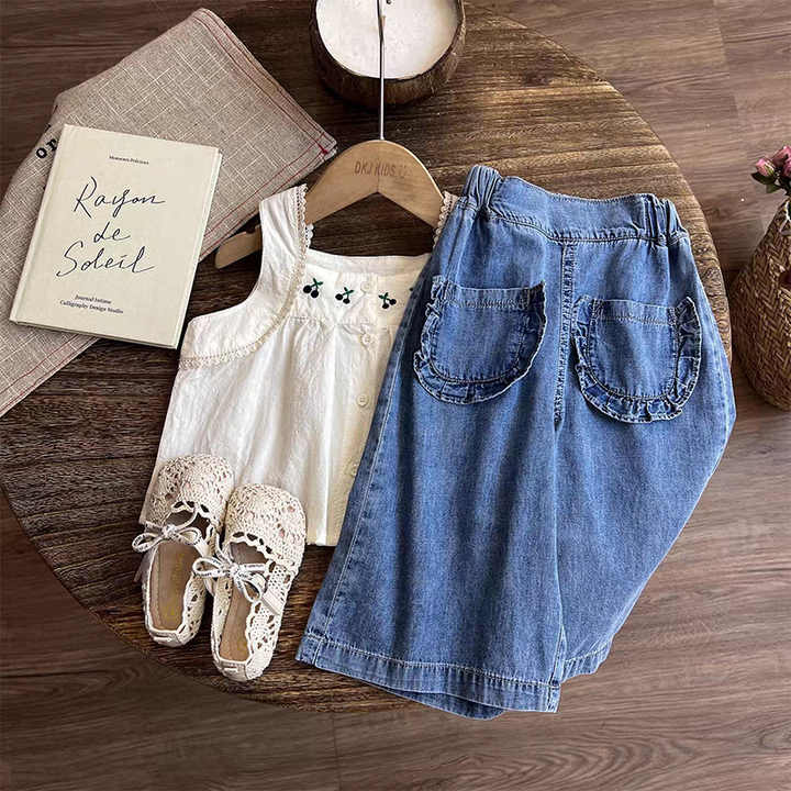 Ins Popular Summer Holiday Children Outfits Top and Jeans 2pcs Sweet ...