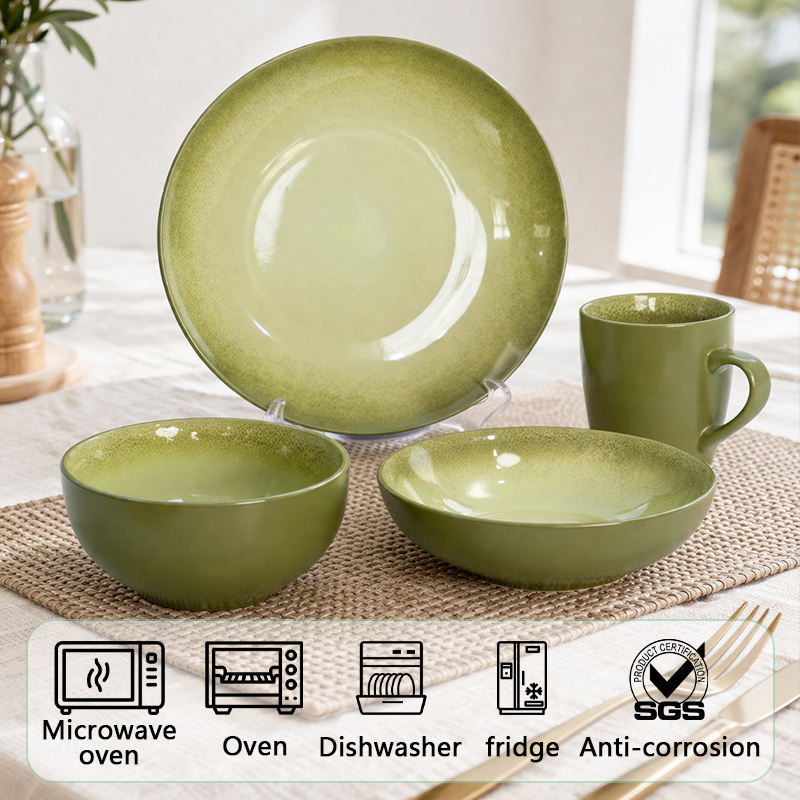 Guangda 16-Piece Green Stoneware Dinnerware Set | Plates Bowls Mugs ...