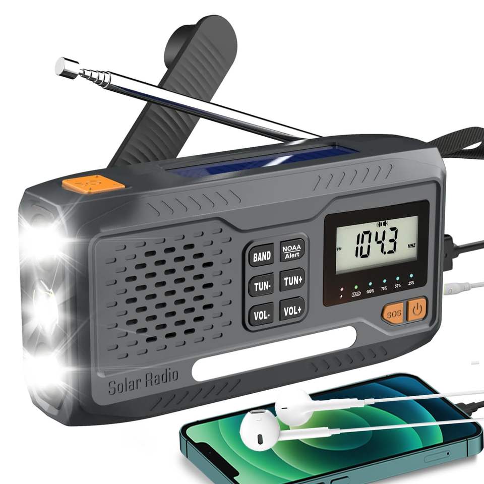 Emergency Portable Radio Solar Powered AM FM WB Hand Crank 2000mAh LCD ...