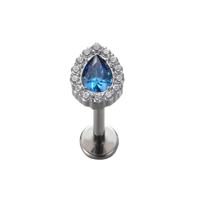 ASTM F136 Titanium Clear and Blue Teardrop Shaped Labret Titanium ...