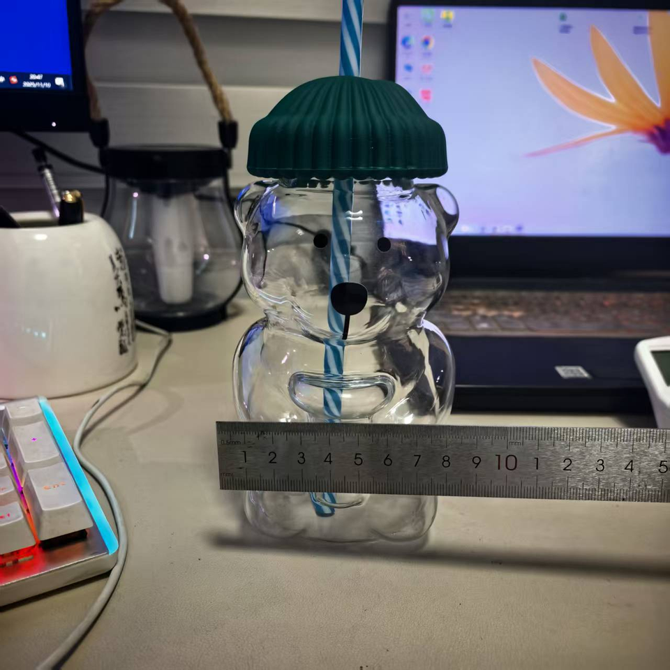 Customized Brand Logo Teddy Bear Shape Glass Cup with Straw Reusable ...