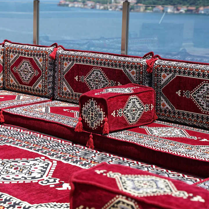 Traditional Red Arabic Majlis Fabric U-Shape Modular Sofa Set Corner ...