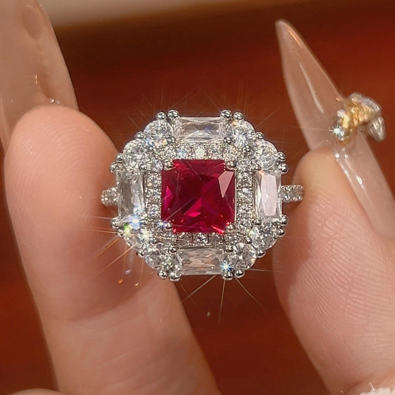 18K Gold Plated Ruby Jewelry Set, Square Halo Zircon Necklace Ring ...