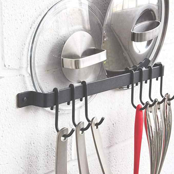 Black Kitchen Rail with Hooks - Stylish Storage Solution