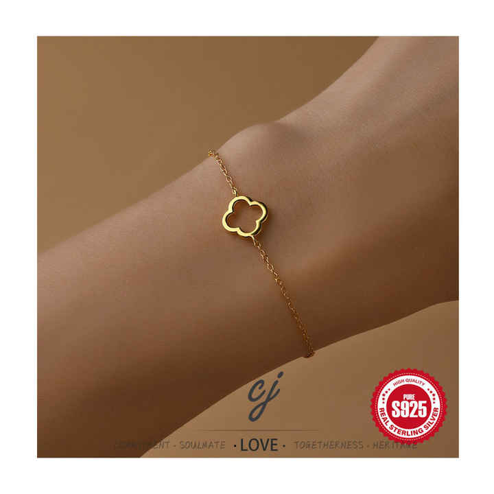 Carline Fashion Jewelry 925 Sterling Silver Hollow Four Leaf Clover Charm 18K Gold Plated Simple ...