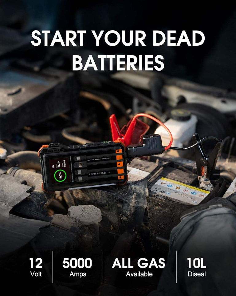 12000mAh 20W Solar Jump Starter 5000A Peak 12V Li-Polymer Battery ...