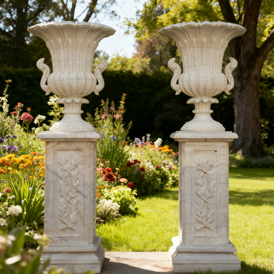 Traditional Hand-carved Marble Antique Flower Pots, Natural Outdoor ...