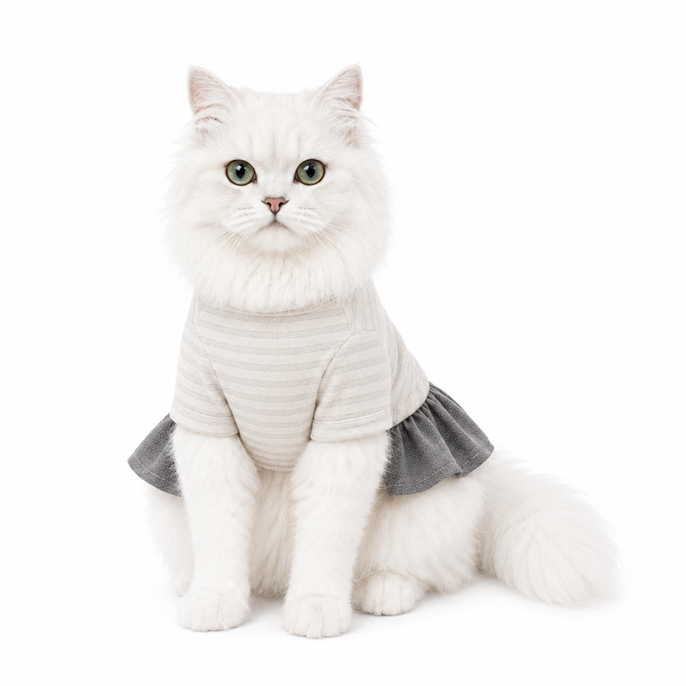 Hamolly Cream Stripe Cat Dress with Grey Ruffle Skirt and Hidden Leash ...