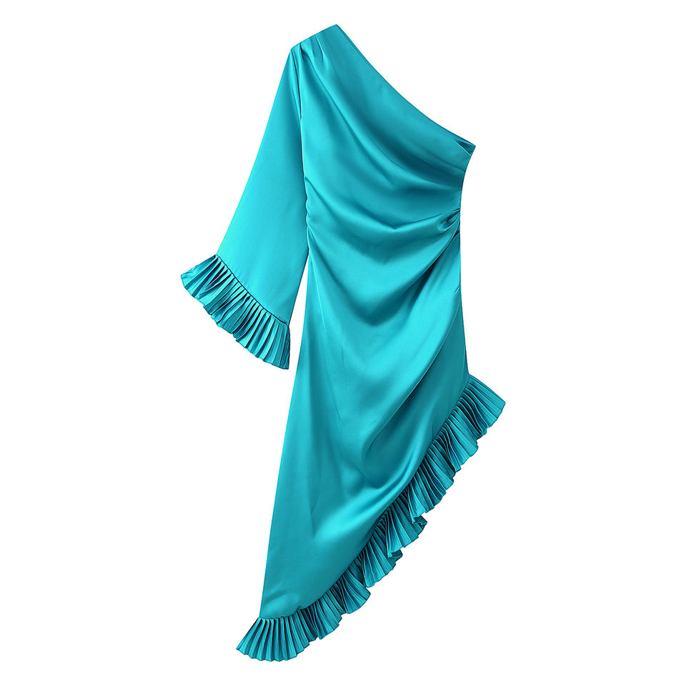 Asymmetrical Design Blue Color Long Sleeve Pleated Casual Fashion Long ...