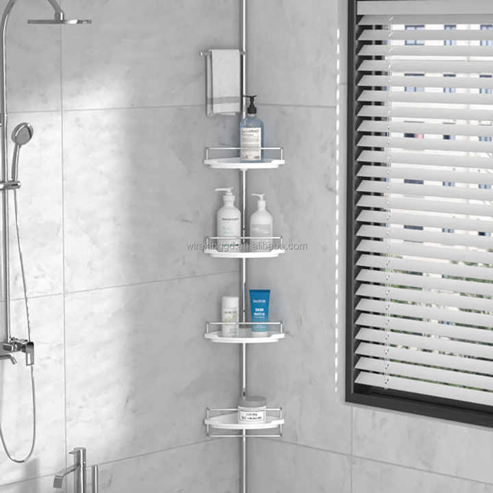 WIREKING 4 Tier Adjustable Shower Organizer Tension Pole Floor Standing ...