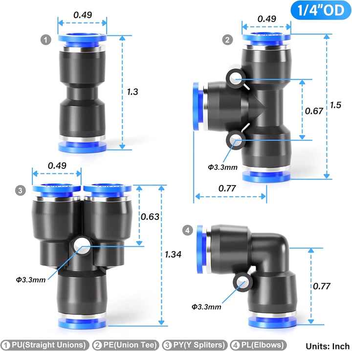 Plastic Pneumatic Fittings Kit Connector PNEUMATIC 1/4 Inch Push to ...