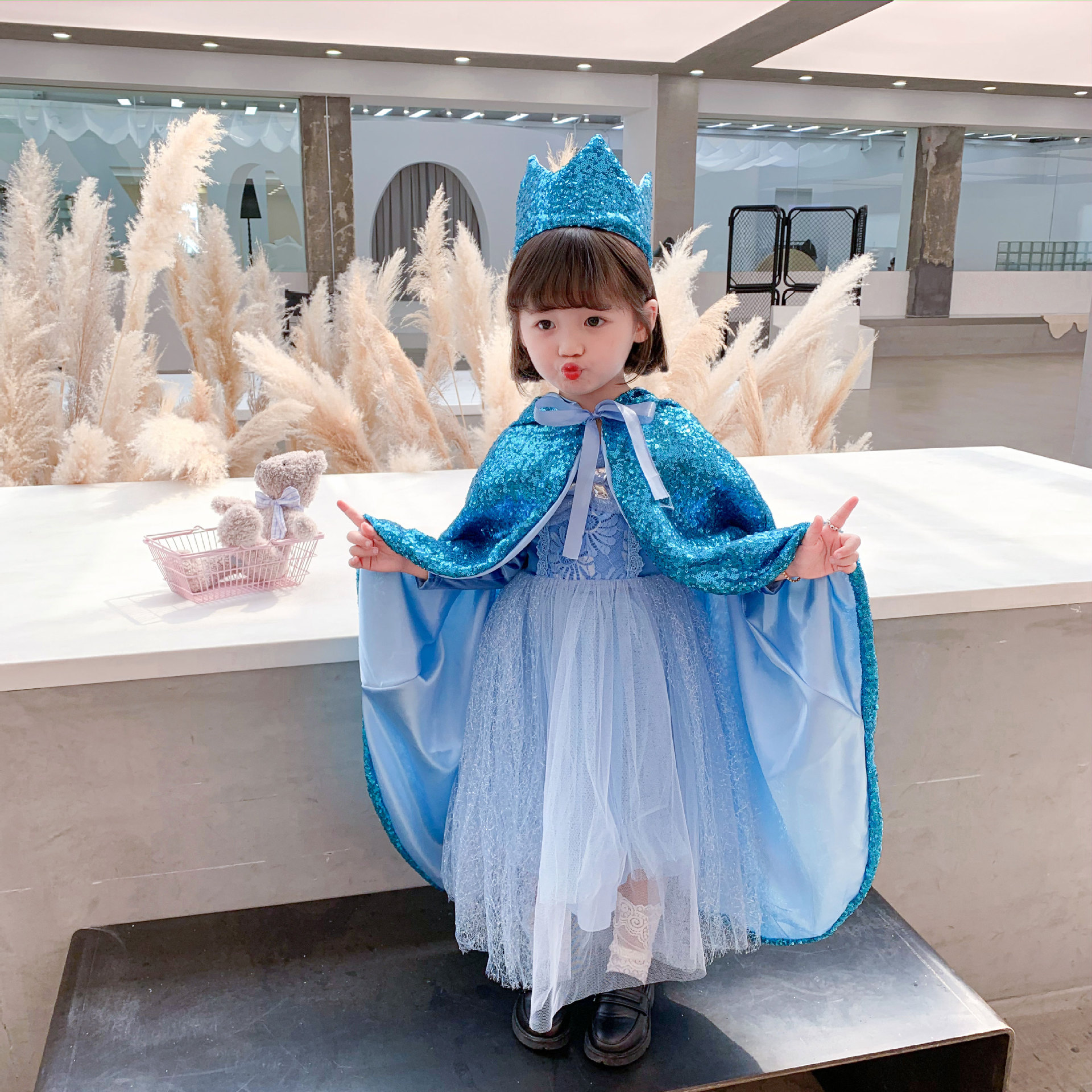 Princess Dress Up Blue Sequined Cloak Mesh Long Skirt Little Princess ...