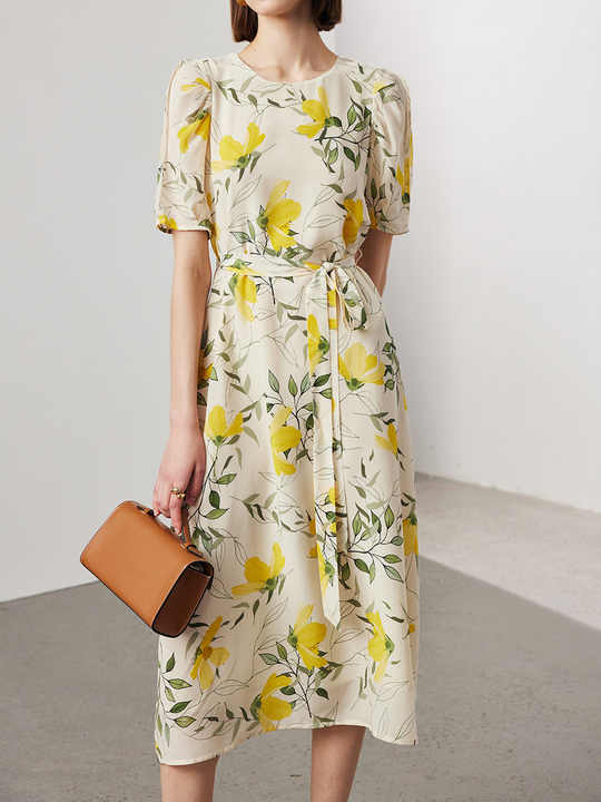Elegant 100% Pure Mulberry Silk Long Dress - Luxury Prints