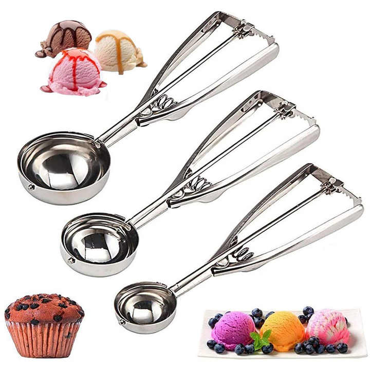 3 Different Sizes Eco-friendly Ice Cream Scoop Cookie Scoop for Baking Stainless Steel Ice Cream ...