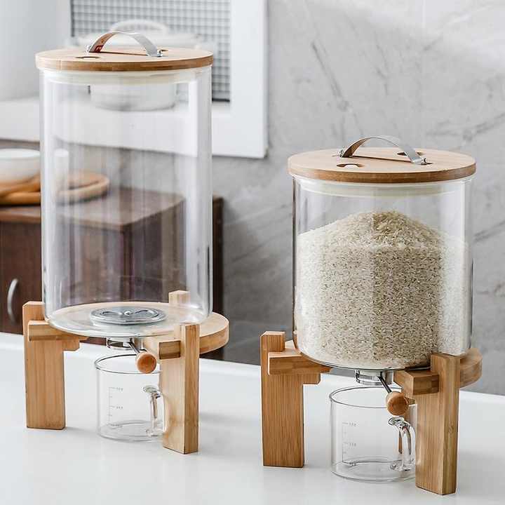 5L Airtight Glass Rice Dispenser with Bamboo Stand Large Microwavable ...