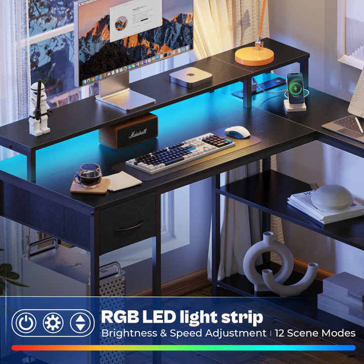 AJUNION Modern RGB Gaming Desk with LED Light Effects L-Shaped Table ...