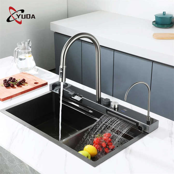 Modern Multifunction Kitchen Sink - Black Waterfall Faucet, Stainless ...