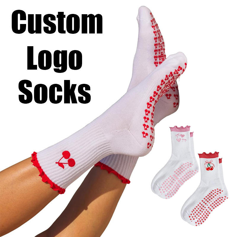 Custom Embroidery Logo Pilates Socks - Non Slip Ruffle Yoga Grip Socks