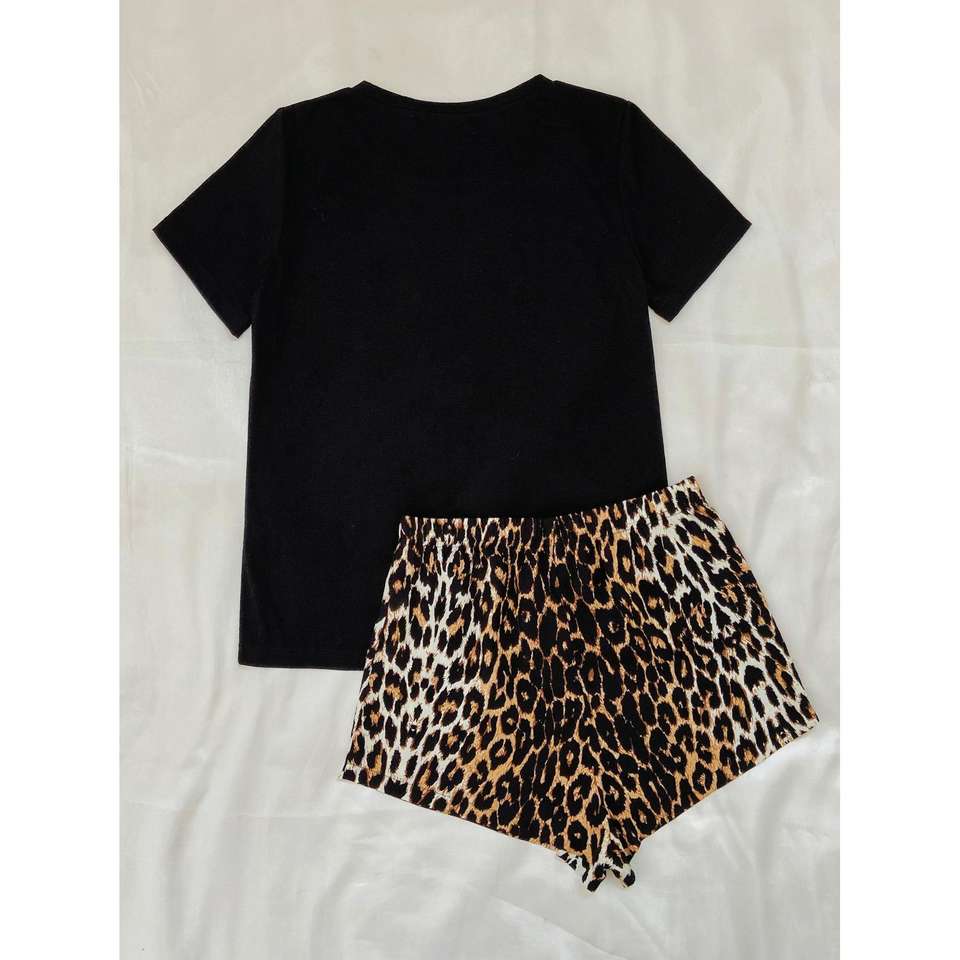 Women's Pajamas, Leopard Print Two-Piece Set with Short Sleeve Top ...