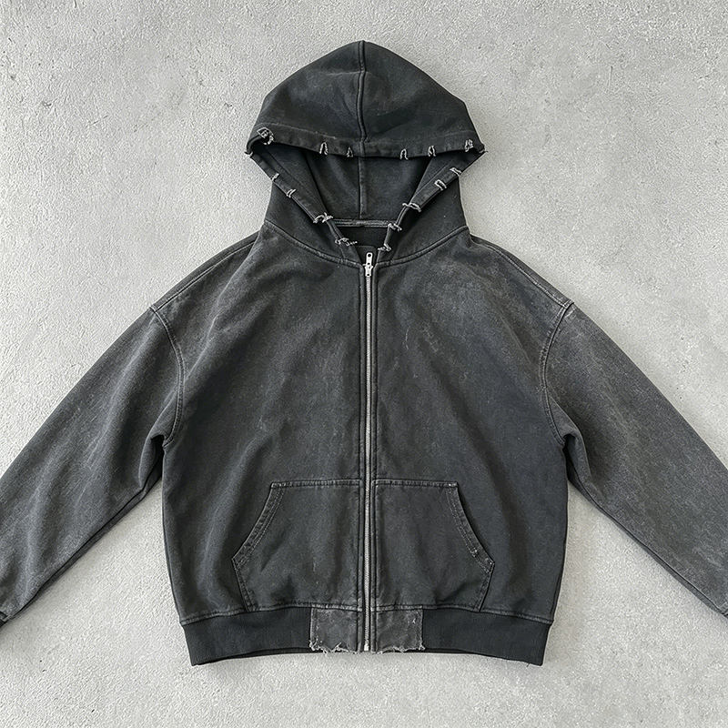 Custom Men's Heavyweight Cotton Distressed zip up hoodie Oversized Acid ...