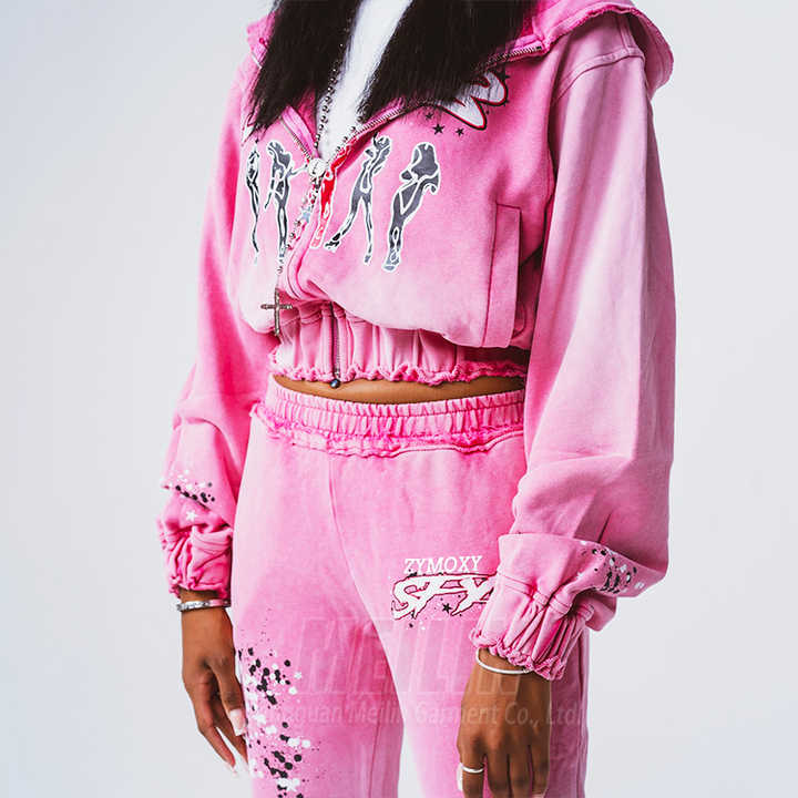 Distress pink Zipper Hoodies Tracksuits Custom logo Cropped Top Women ...