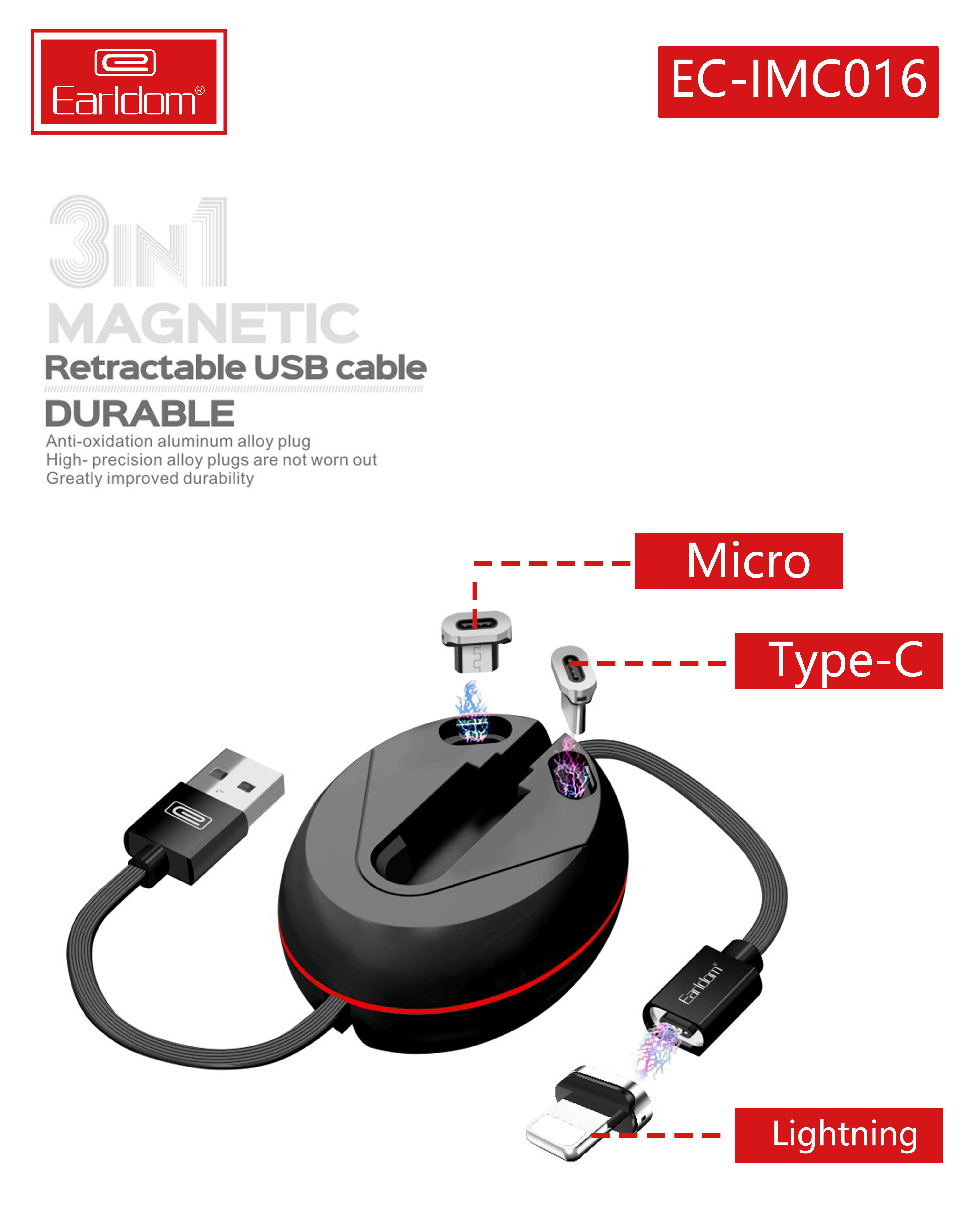 Earldom 3 in 1 Magnetic Restrable USB Cable 3A Micro-USB / Lightning / Type-C - EC-iMC016 ...