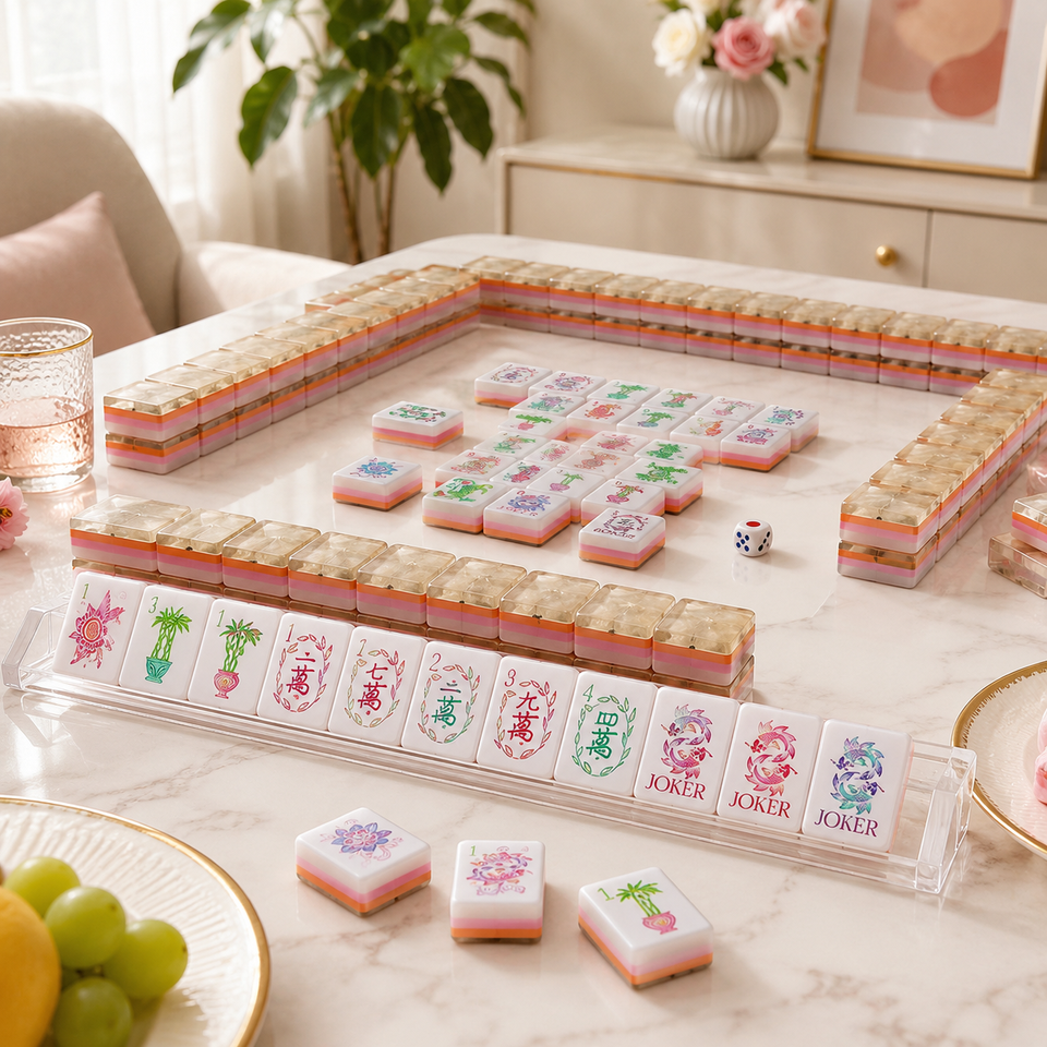 Acrylic Pink Pearls Mahjong Tile Set Four-Layer Luxury Style Fade ...