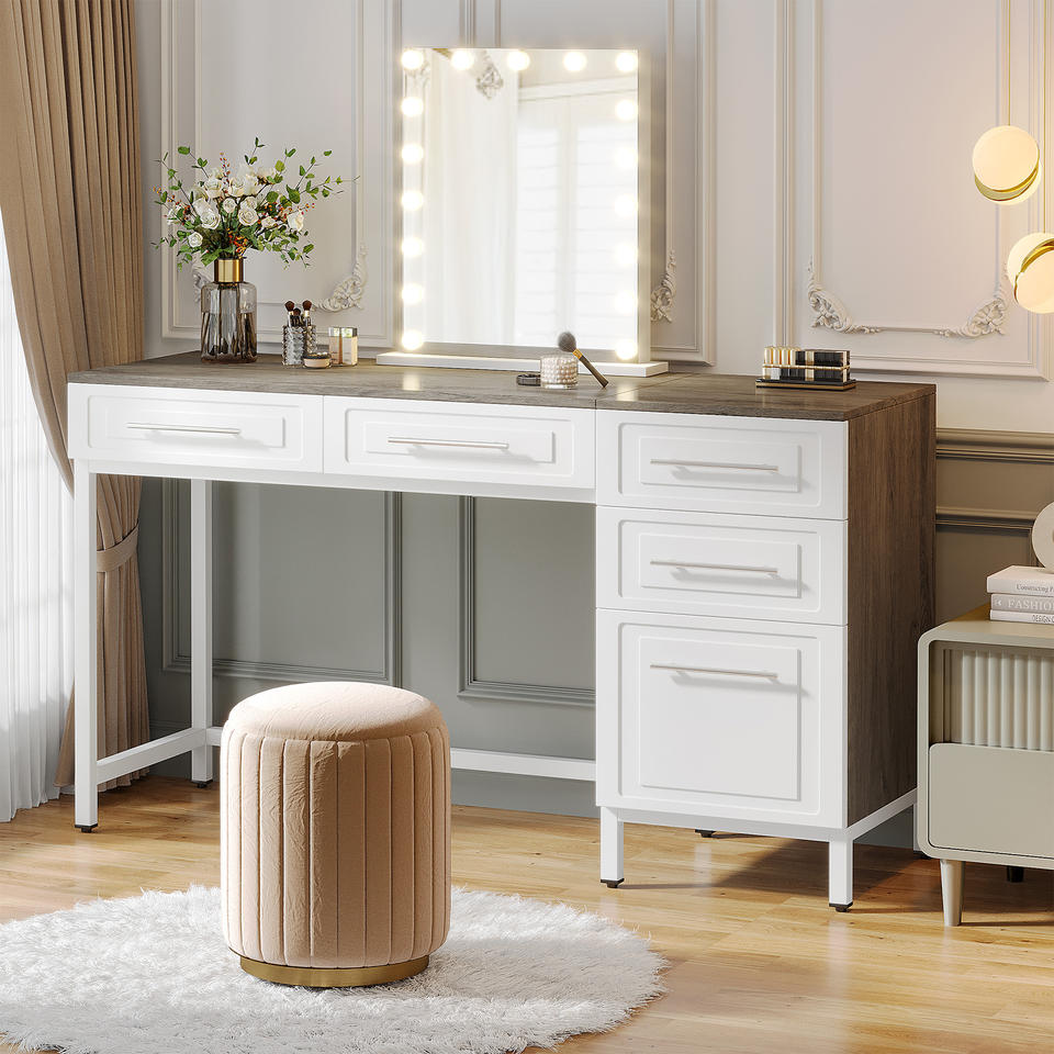 55" Contemporary Wood Panel Dressing Table with 5 Storage Drawers LED ...