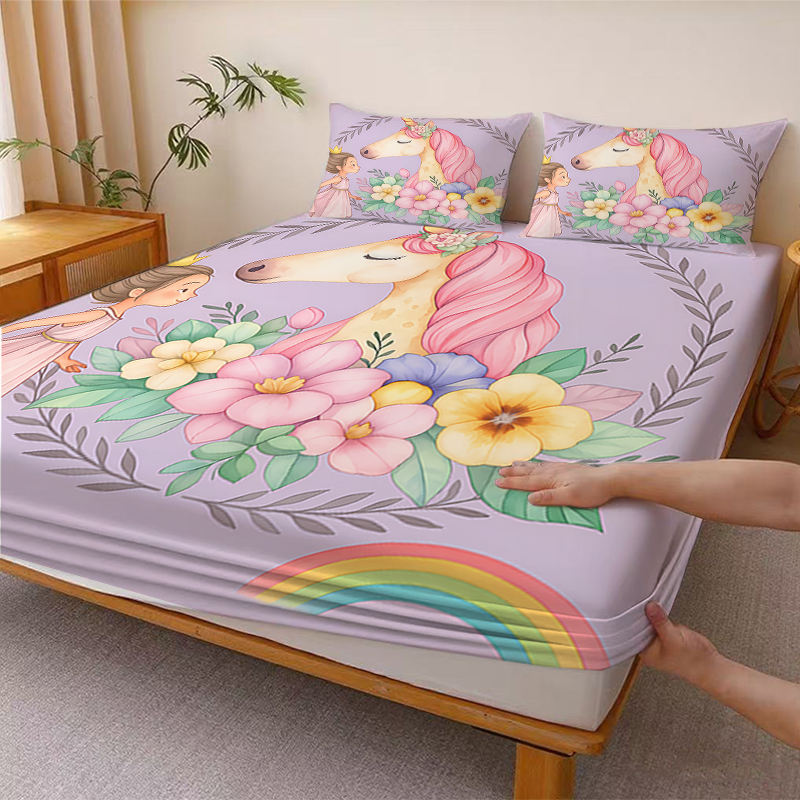3Pcs Kids Unicorn & Princess Printed Fitted Sheet Set, Girls Cute ...