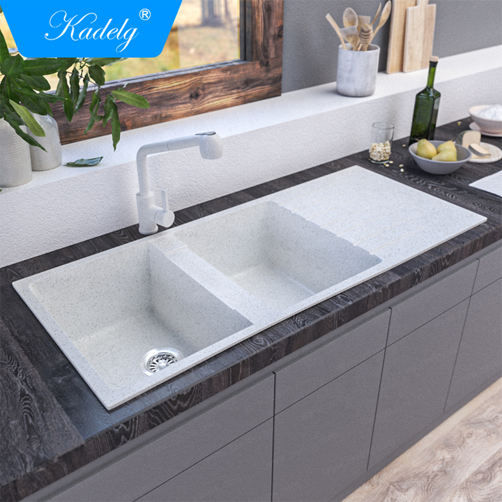 Big Size Silgranit Double Granite Kitchen Sink with Drainboard