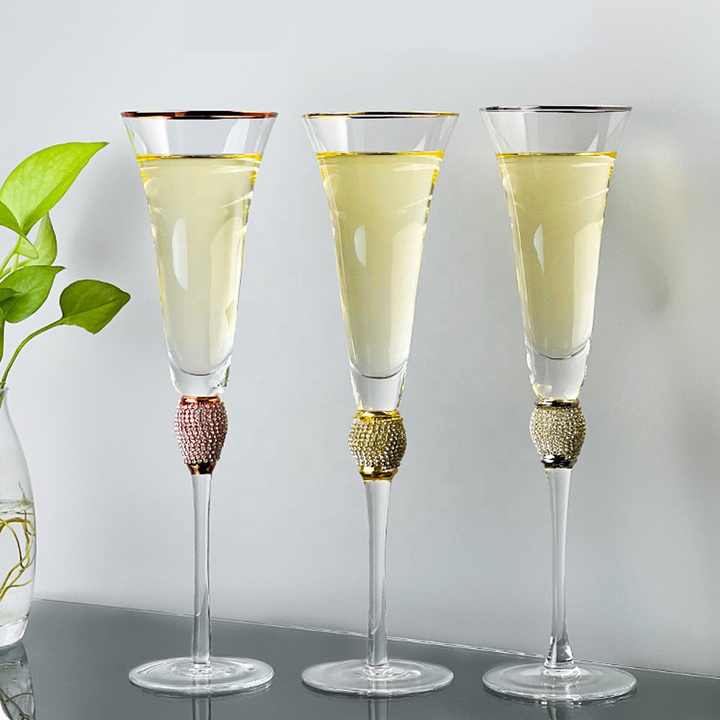 European Gold Rimmed Diamond Wrapped Long Stem Wine Glass