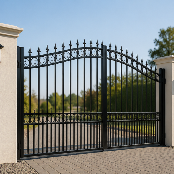 Modern Curved Wrought Iron Driveway Gate Decorative Black Steel Entry ...