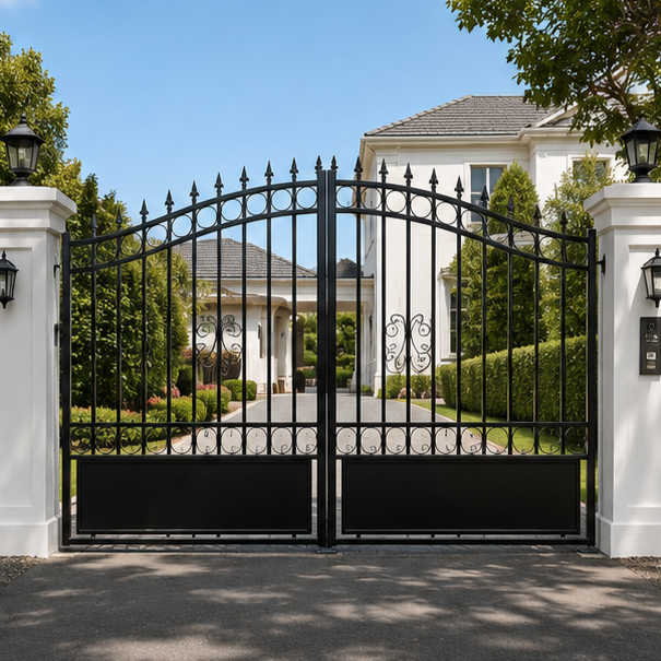 Modern Curved Wrought Iron Driveway Gate Decorative Black Steel Entry ...