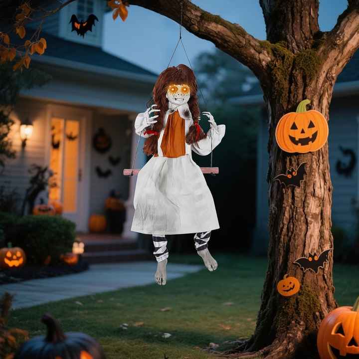 Halloween Animatronic Decorations Life-Size Scary Swing Girl Props ...