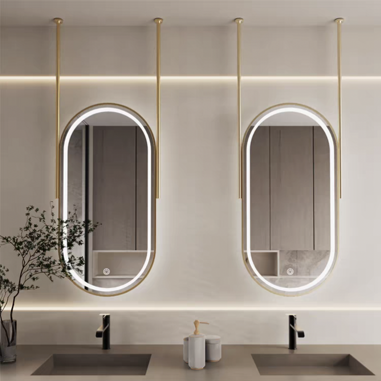 LED-lit mirrors hanging from the hotel bathroom ceiling, reminiscent of ...